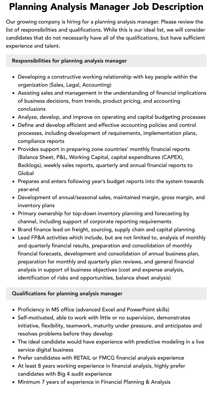 Planning Analysis Manager Job Description Velvet Jobs