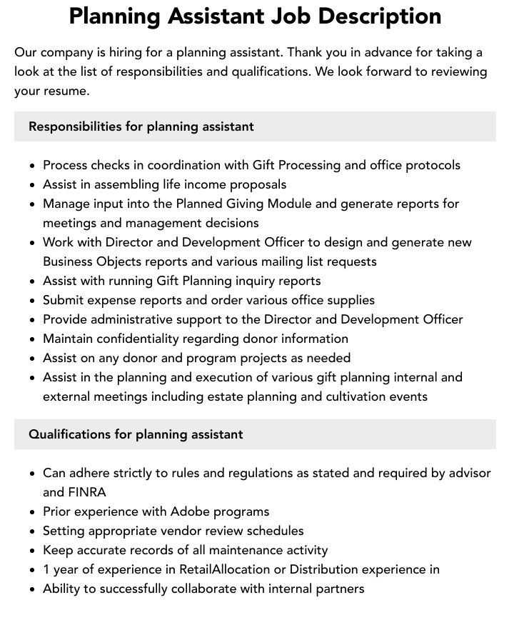 Planning Assistant Job Description Velvet Jobs
