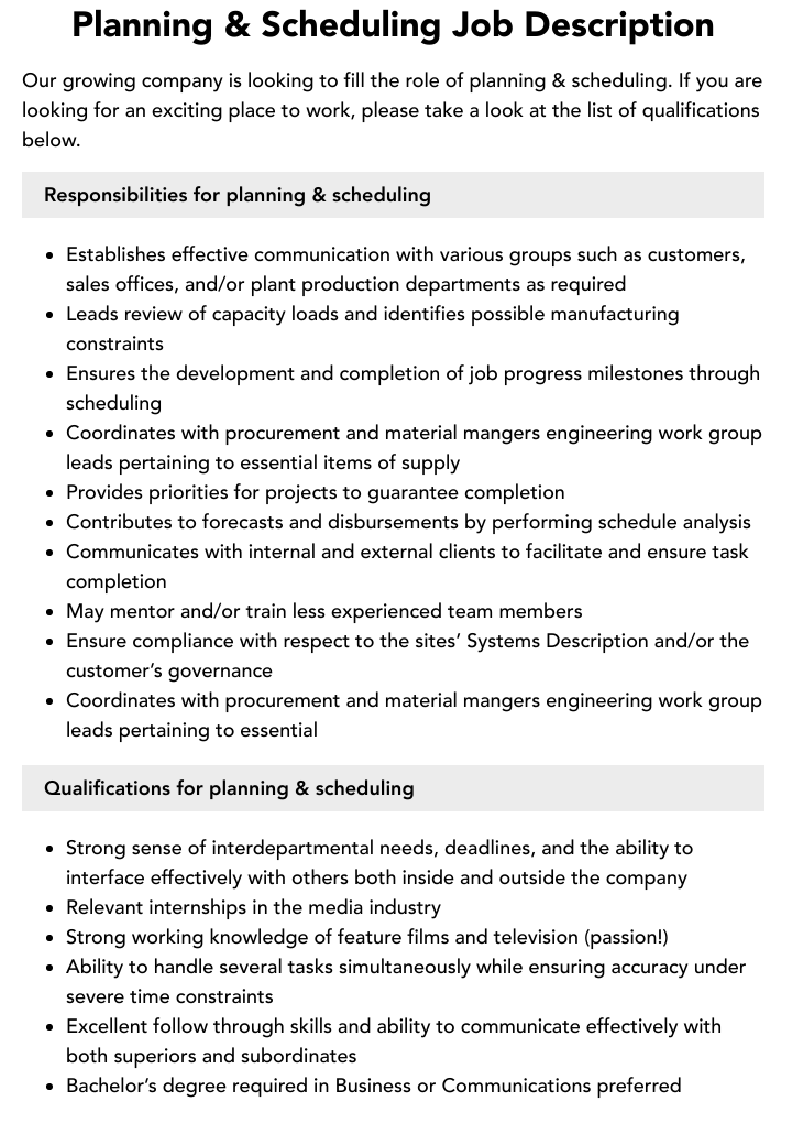 Planning Scheduling Job Description Velvet Jobs Planning Scheduling Job Description Velvet Jobs