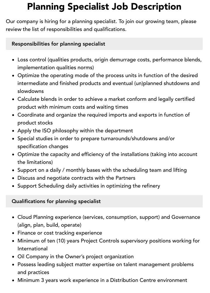 Planning Specialist Job Description Velvet Jobs