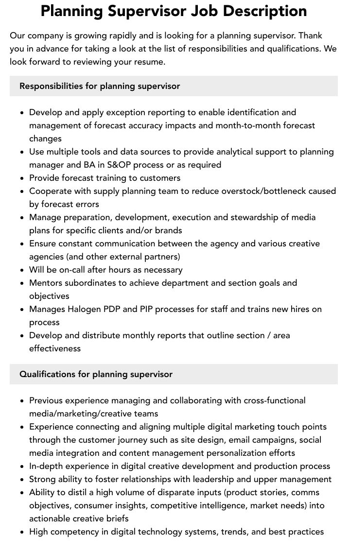 Planning Supervisor Job Description Velvet Jobs