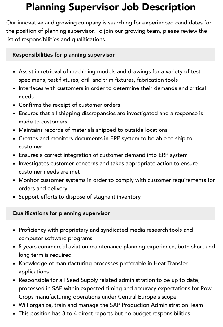 Planning Supervisor Job Description Velvet Jobs