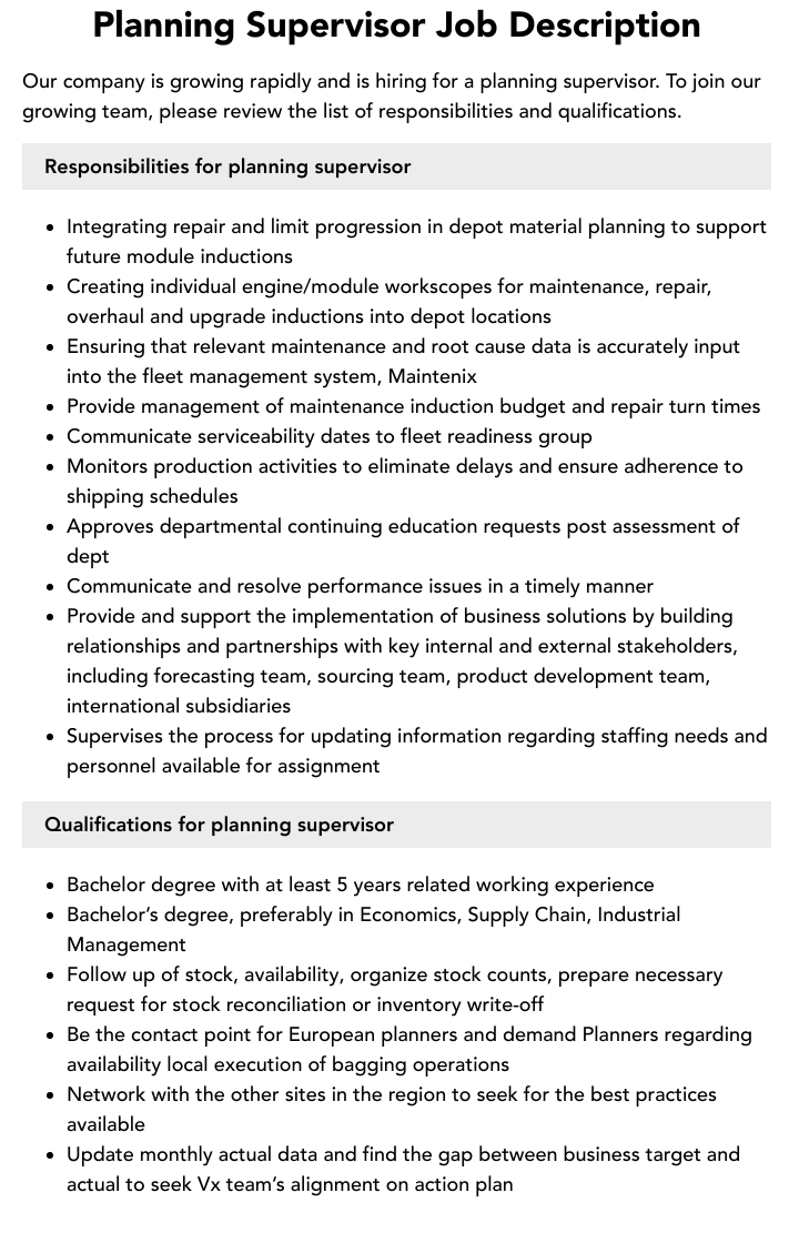 Planning Supervisor Job Description Velvet Jobs