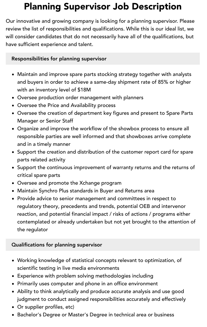 Planning Supervisor Job Description Velvet Jobs