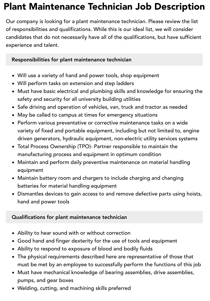 Plant Maintenance Technician Job Description Velvet Jobs