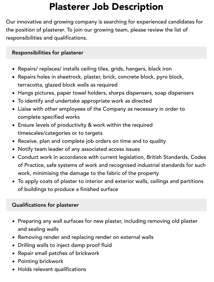 Plasterer Job Description Velvet Jobs