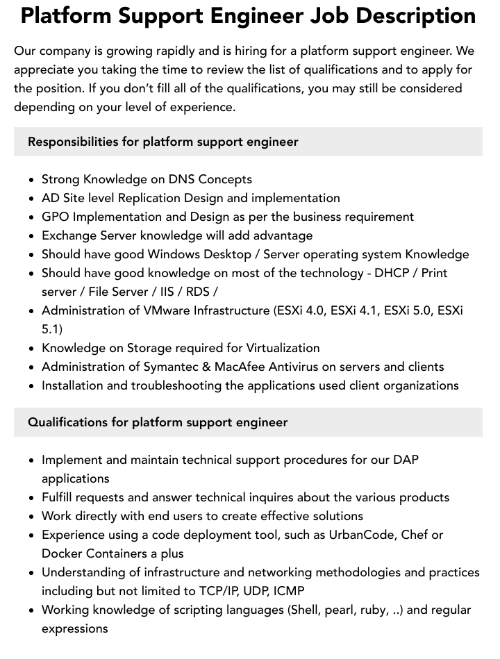 Platform Support Engineer Job Description Velvet Jobs