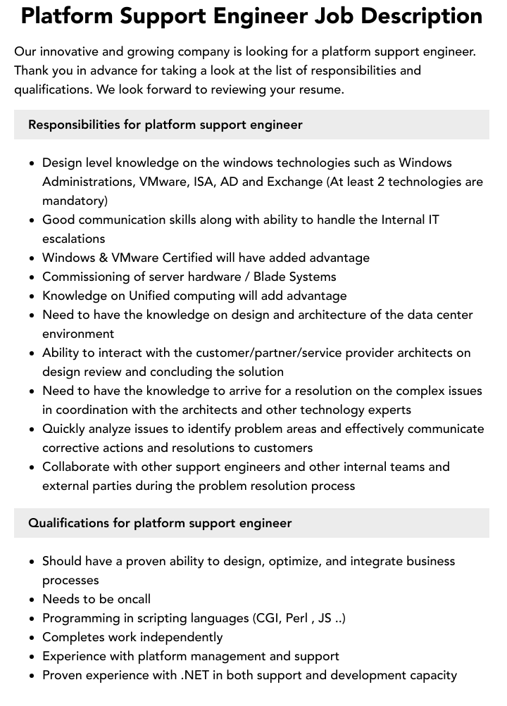 Platform Support Engineer Job Description Velvet Jobs
