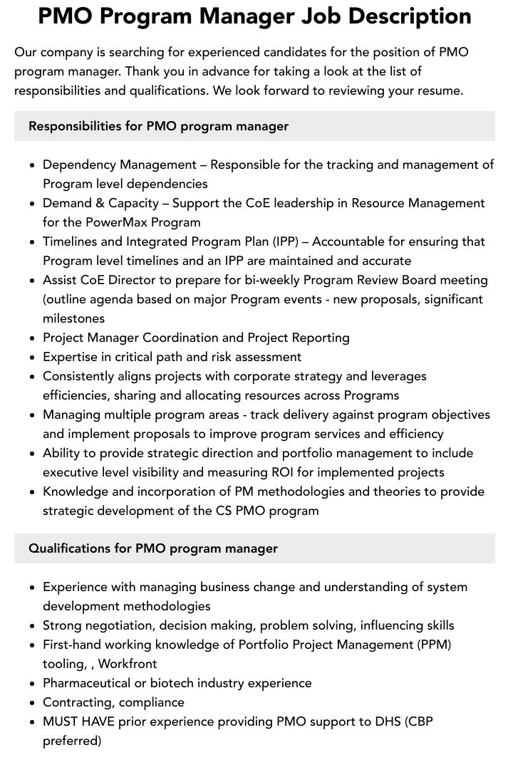 PMO Program Manager Job Description Velvet Jobs