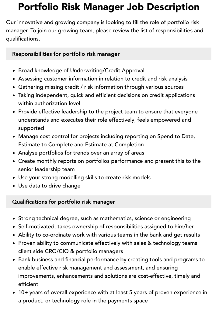 Portfolio Risk Manager Job Description Velvet Jobs Portfolio Risk Manager Job Description Velvet Jobs