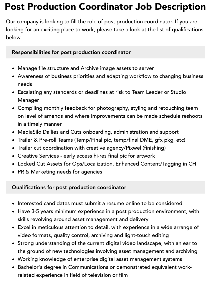 Post Production Coordinator Job Description Velvet Jobs Post Production Coordinator Job Description Velvet Jobs