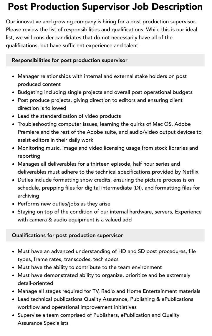 Post Production Supervisor Job Description Velvet Jobs