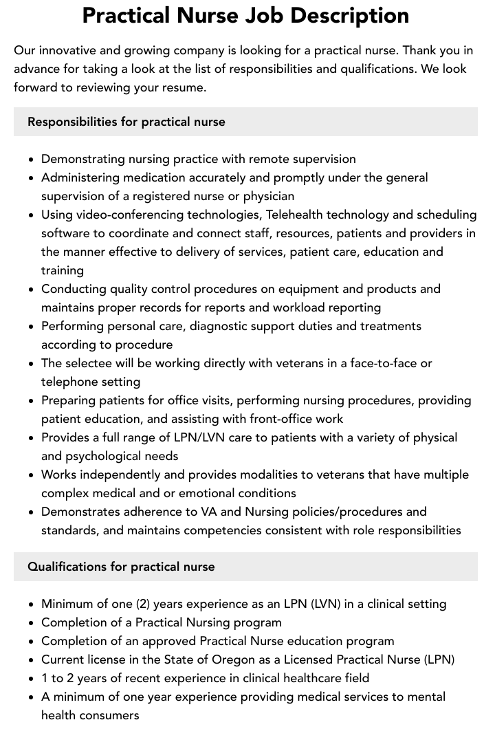 Practical Nurse Job Description Velvet Jobs
