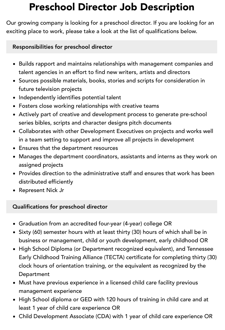 Preschool Director Job Description Velvet Jobs