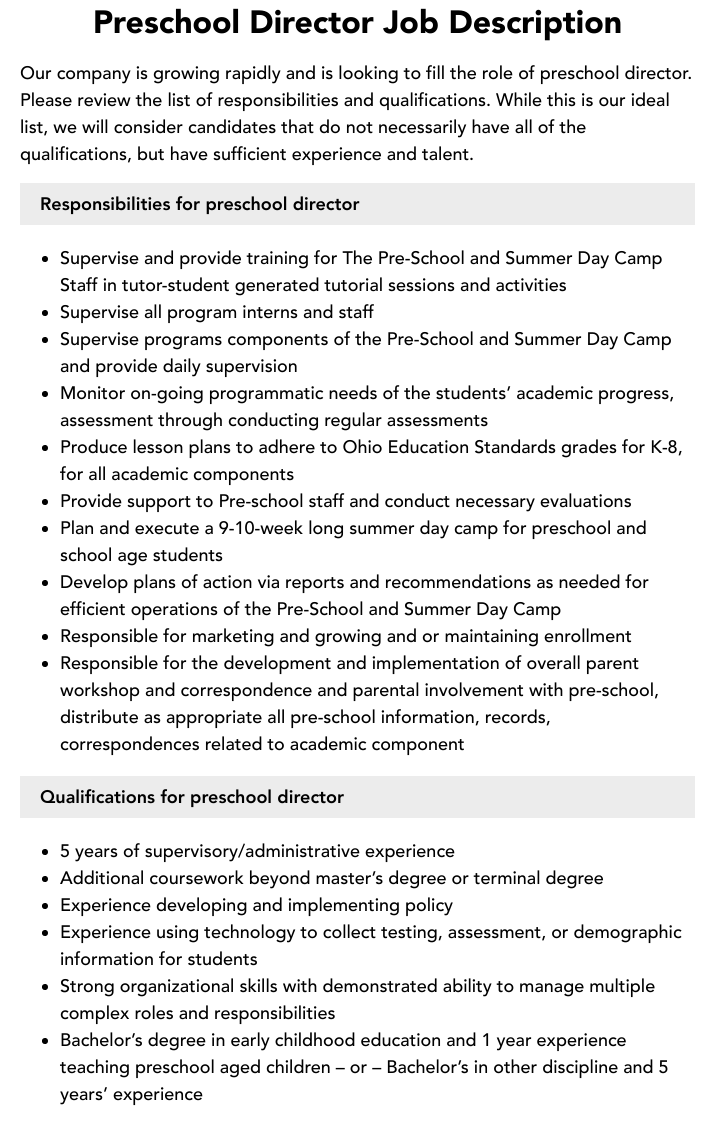 Preschool Director Job Description Velvet Jobs