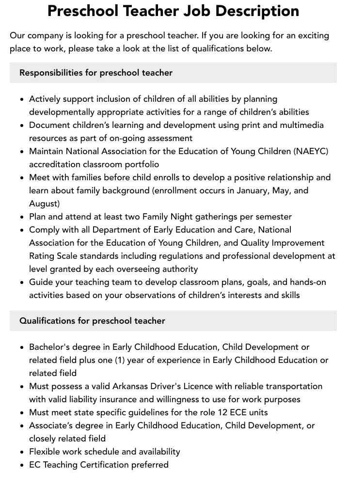 Preschool Teacher Job Description Velvet Jobs