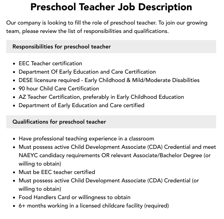 Preschool Teacher Job Description Velvet Jobs