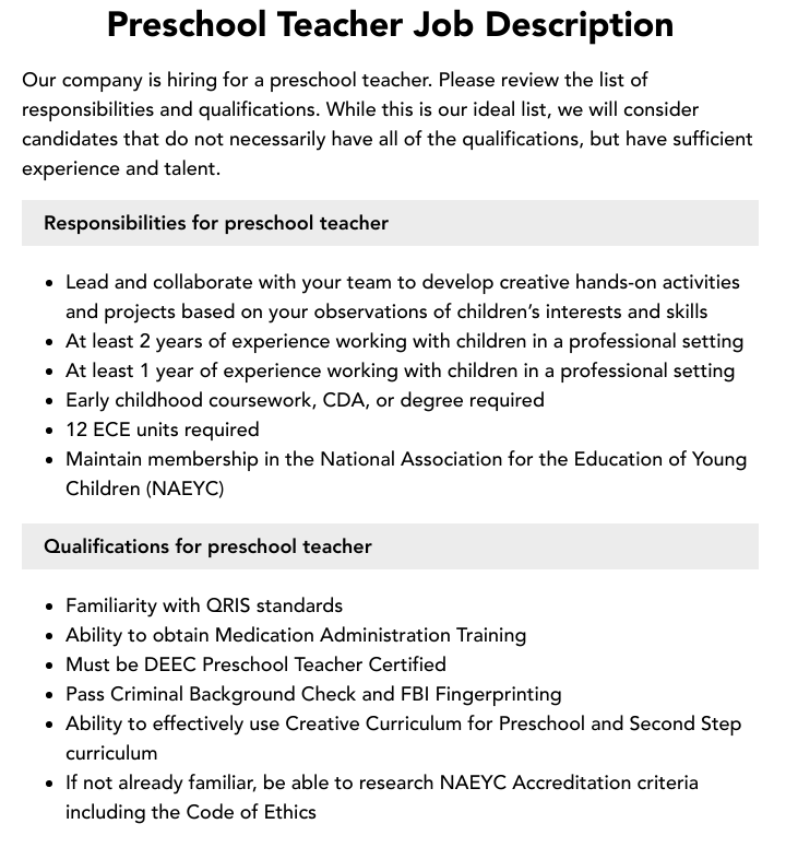 Preschool Teacher Job Description Velvet Jobs