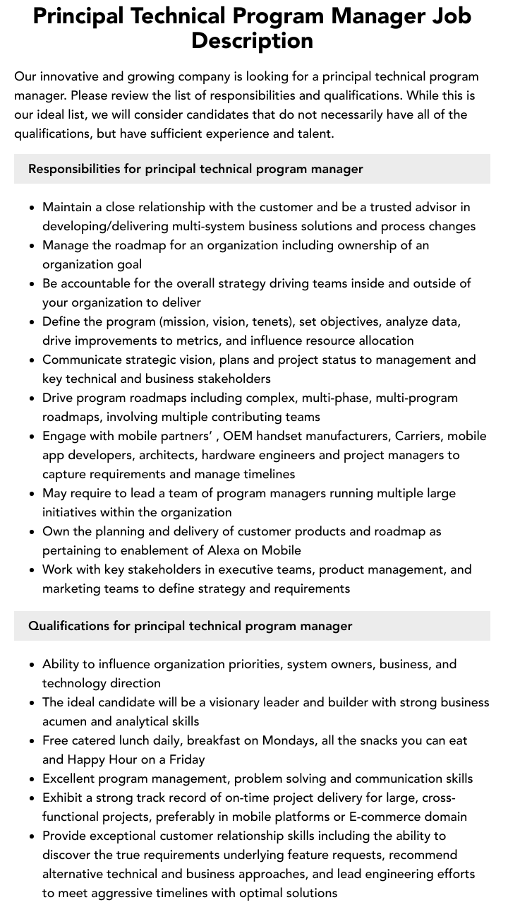 Principal Technical Program Manager Job Description Velvet Jobs