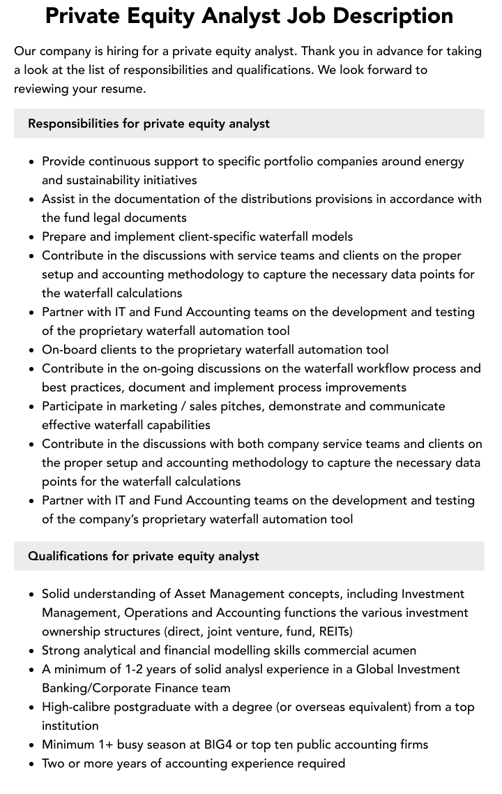 Private Equity Analyst Job Description Velvet Jobs