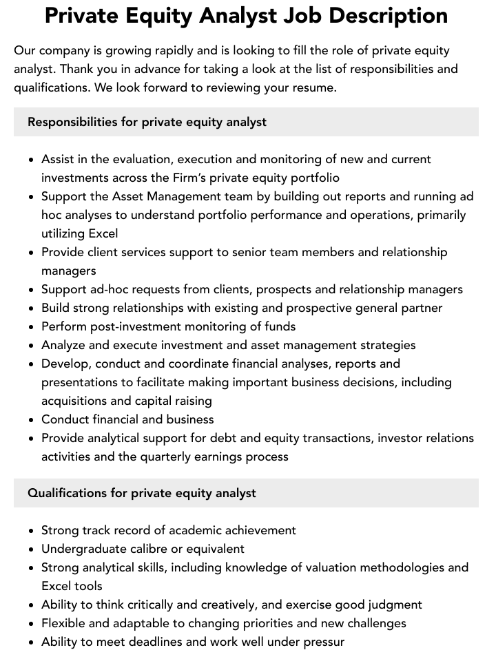 Private Equity Analyst Job Description Velvet Jobs Private Equity Analyst Job Description Velvet Jobs