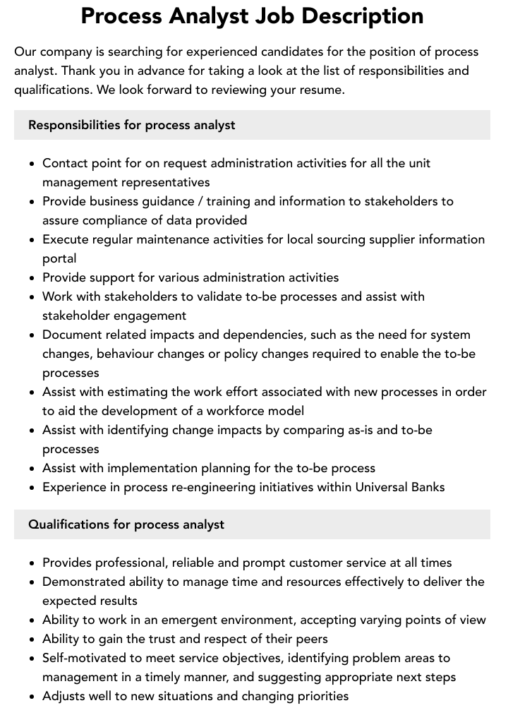 Process Analyst Job Description Velvet Jobs