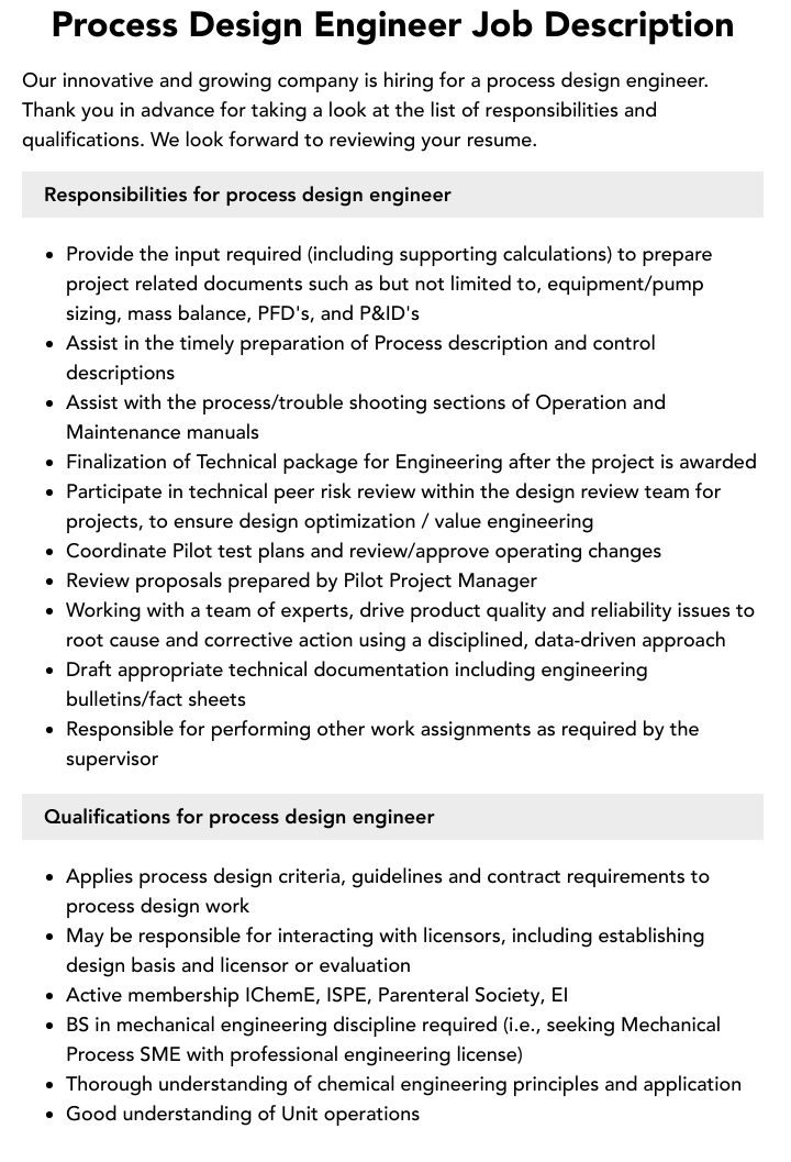 Process Design Engineer Job Description Velvet Jobs