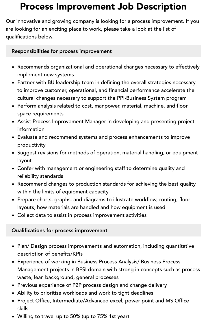 Process Improvement Job Description Velvet Jobs