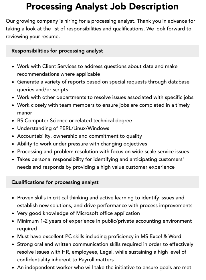 Processing Analyst Job Description Velvet Jobs