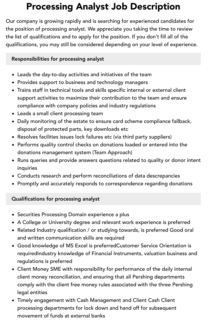 Processing Analyst Job Description Velvet Jobs