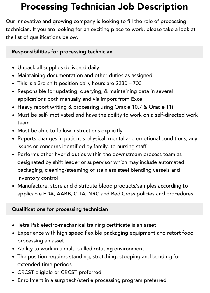 Processing Technician Job Description Velvet Jobs