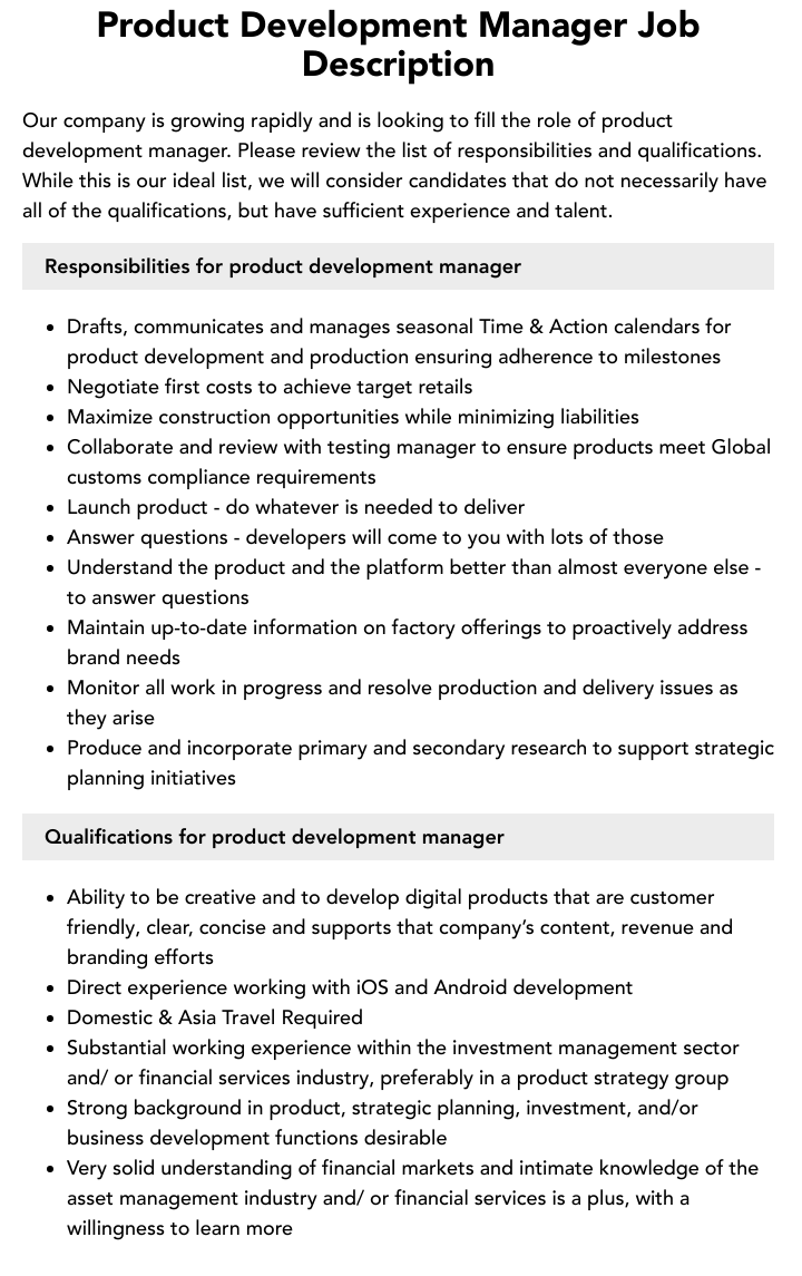 Product Development Manager Job Description Velvet Jobs