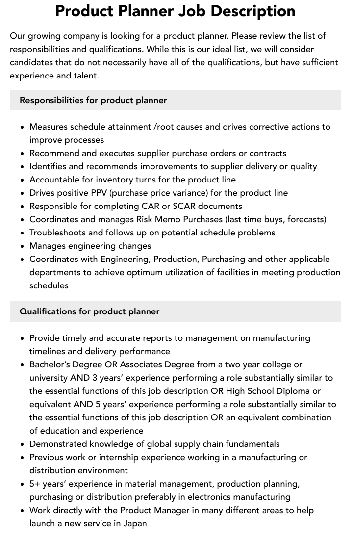 Product Planner Job Description Velvet Jobs