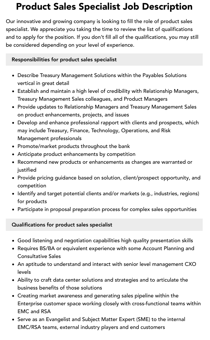 Product Sales Specialist Job Description Velvet Jobs Product Sales Specialist Job Description Velvet Jobs