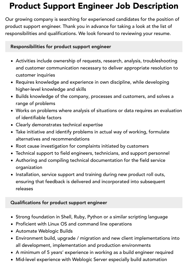 Product Support Engineer Job Description Velvet Jobs