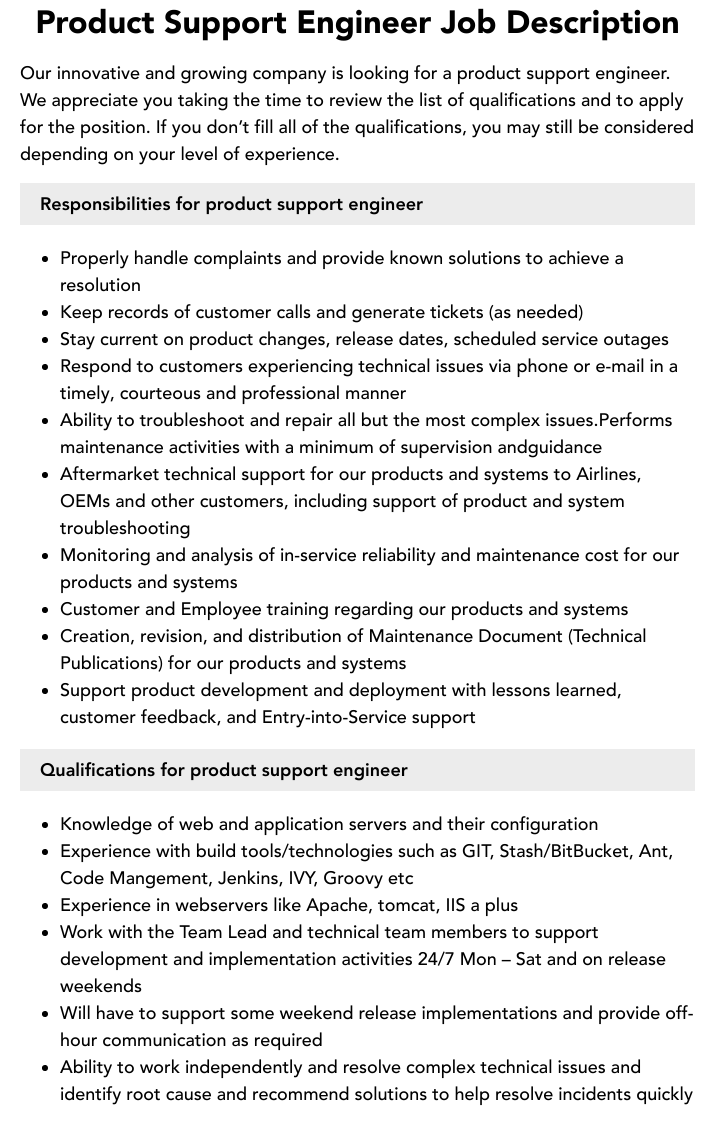 Product Support Engineer Job Description Velvet Jobs