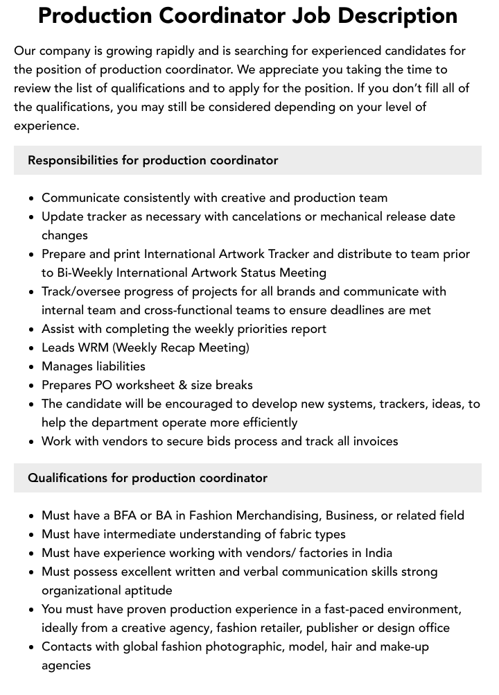 Production Coordinator Job Description Velvet Jobs Production Coordinator Job Description Velvet Jobs