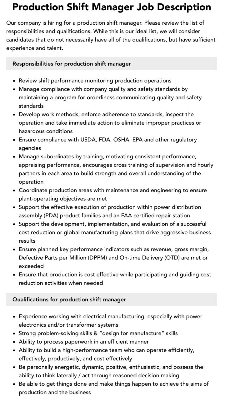 Production Shift Manager Job Description Velvet Jobs
