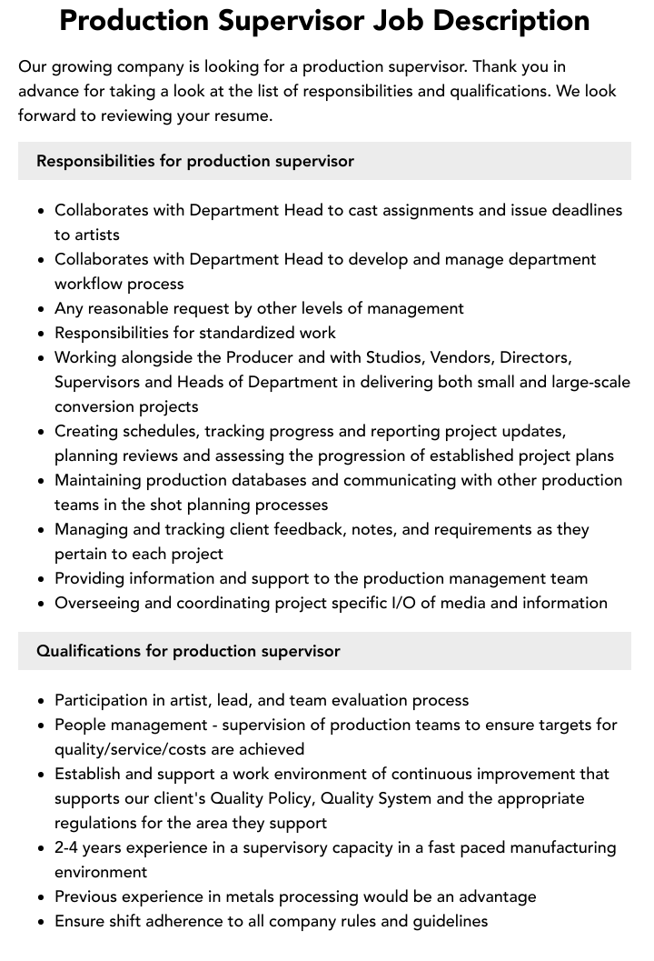 Production Supervisor Job Description Velvet Jobs