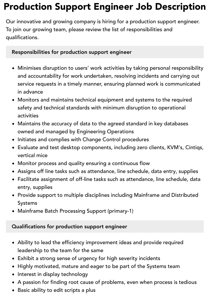 Production Support Engineer Job Description Velvet Jobs