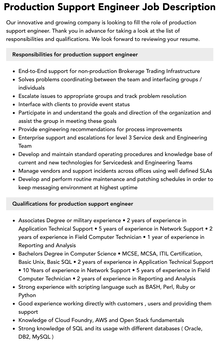 Production Support Engineer Job Description Velvet Jobs