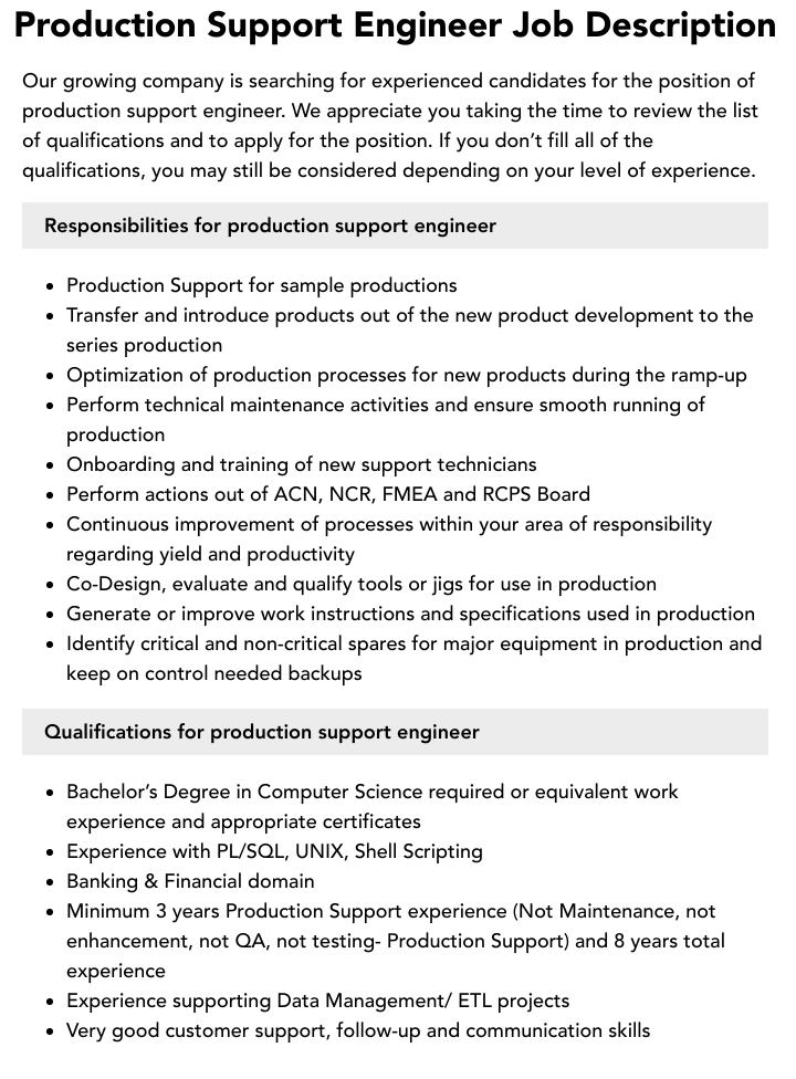 Production Support Engineer Job Description Velvet Jobs