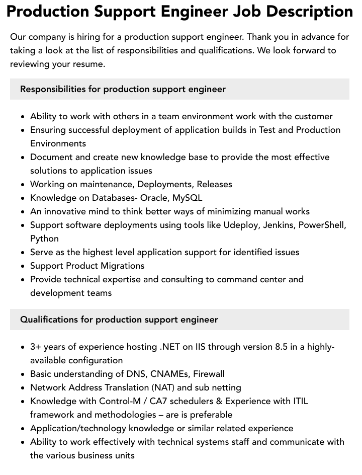 Production Support Engineer Job Description Velvet Jobs