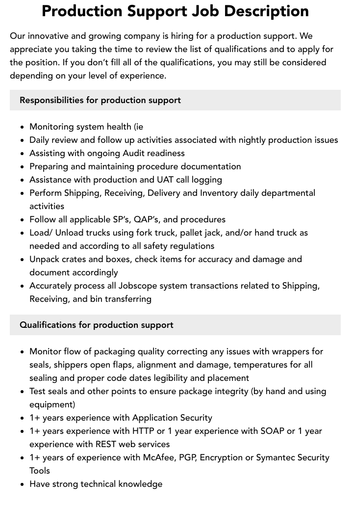 Production Support Job Description Velvet Jobs