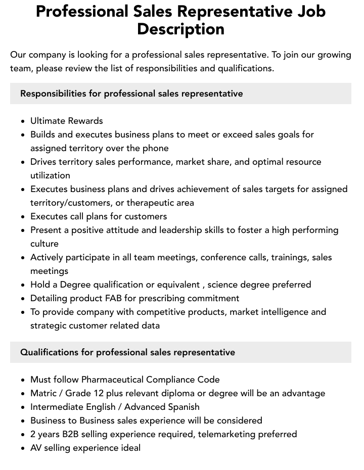 Professional Sales Representative Job Description Velvet Jobs