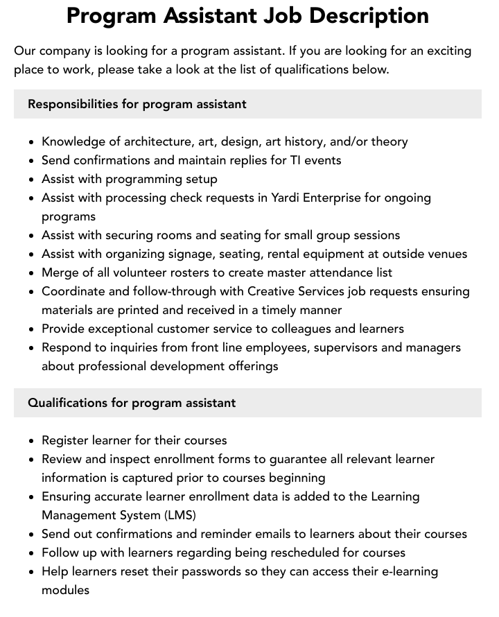 Program Assistant Job Description Velvet Jobs