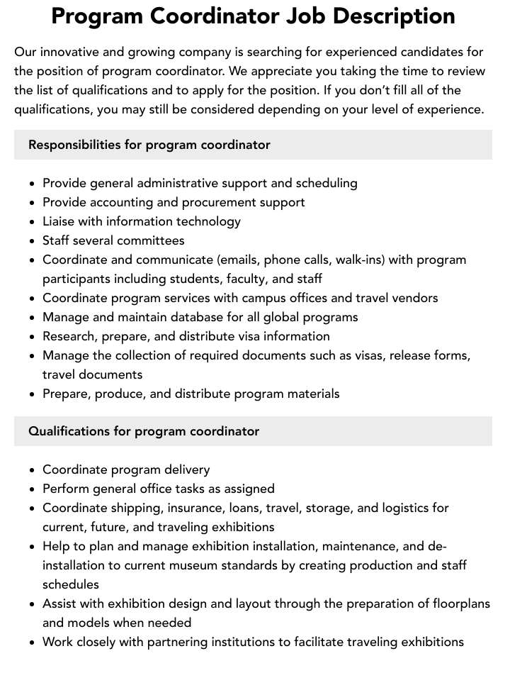 Program Coordinator Job Description Velvet Jobs