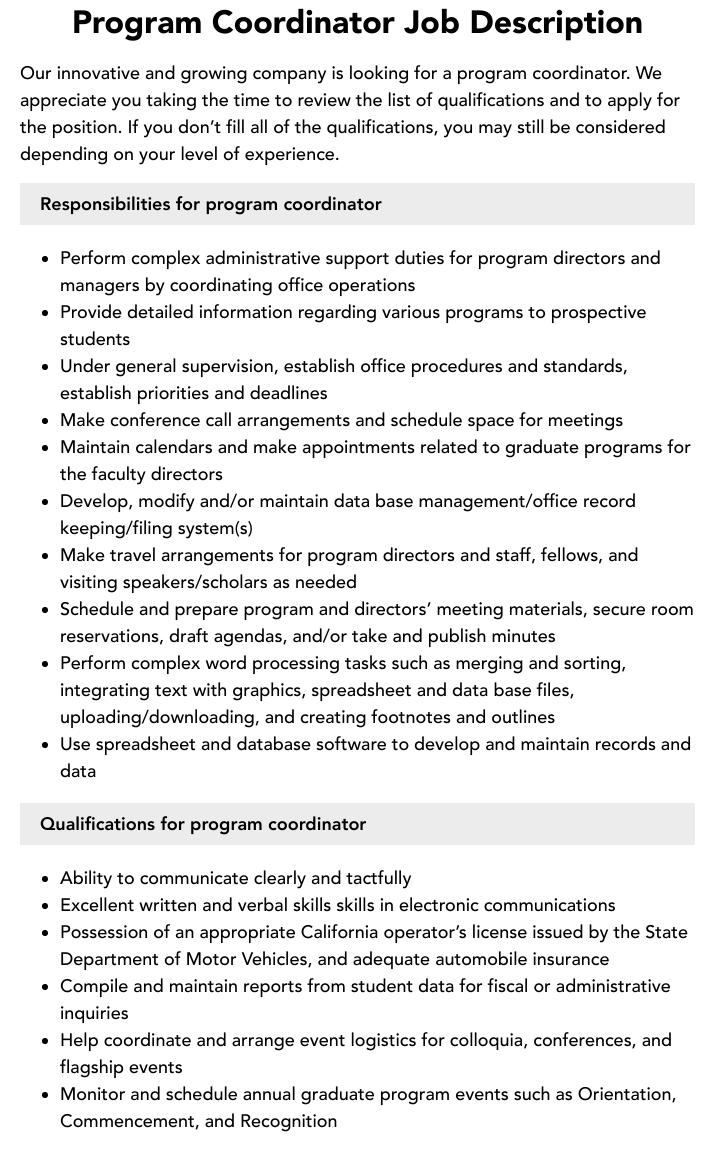 Program Coordinator Job Description Velvet Jobs