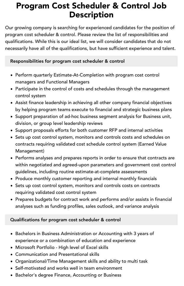 Program Cost Scheduler Control Job Description Velvet Jobs