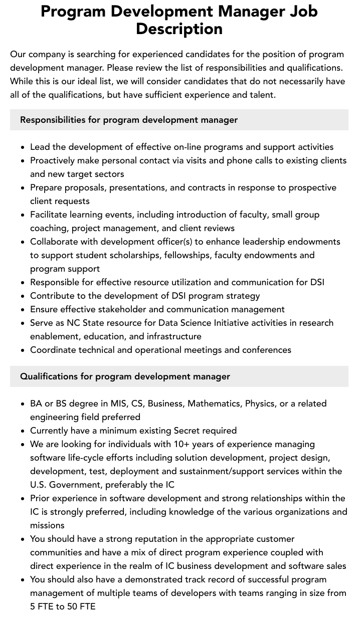 Program Development Manager Job Description Velvet Jobs